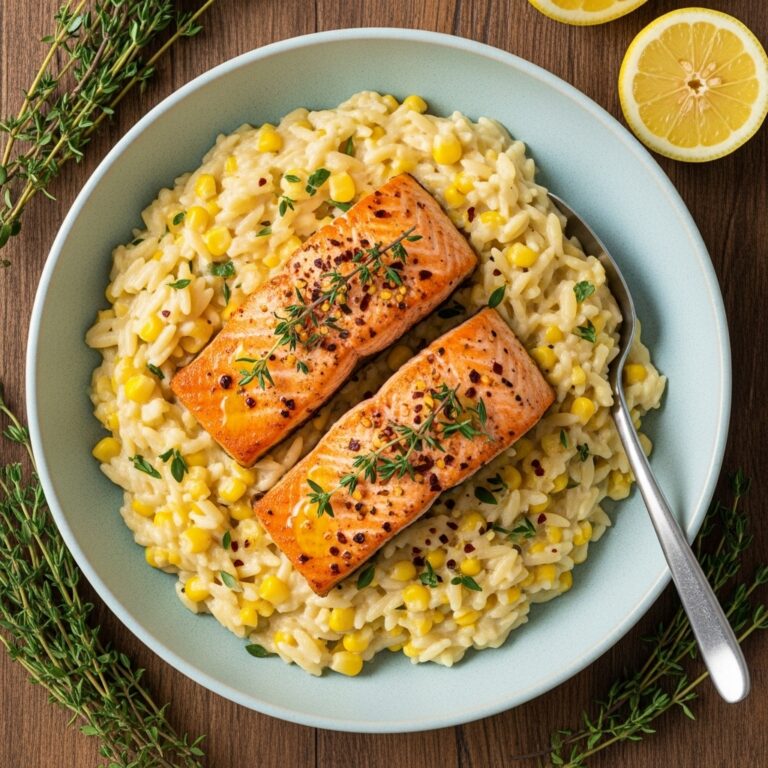 Creamed Corn Orzo with Salmon - Savory Sofia